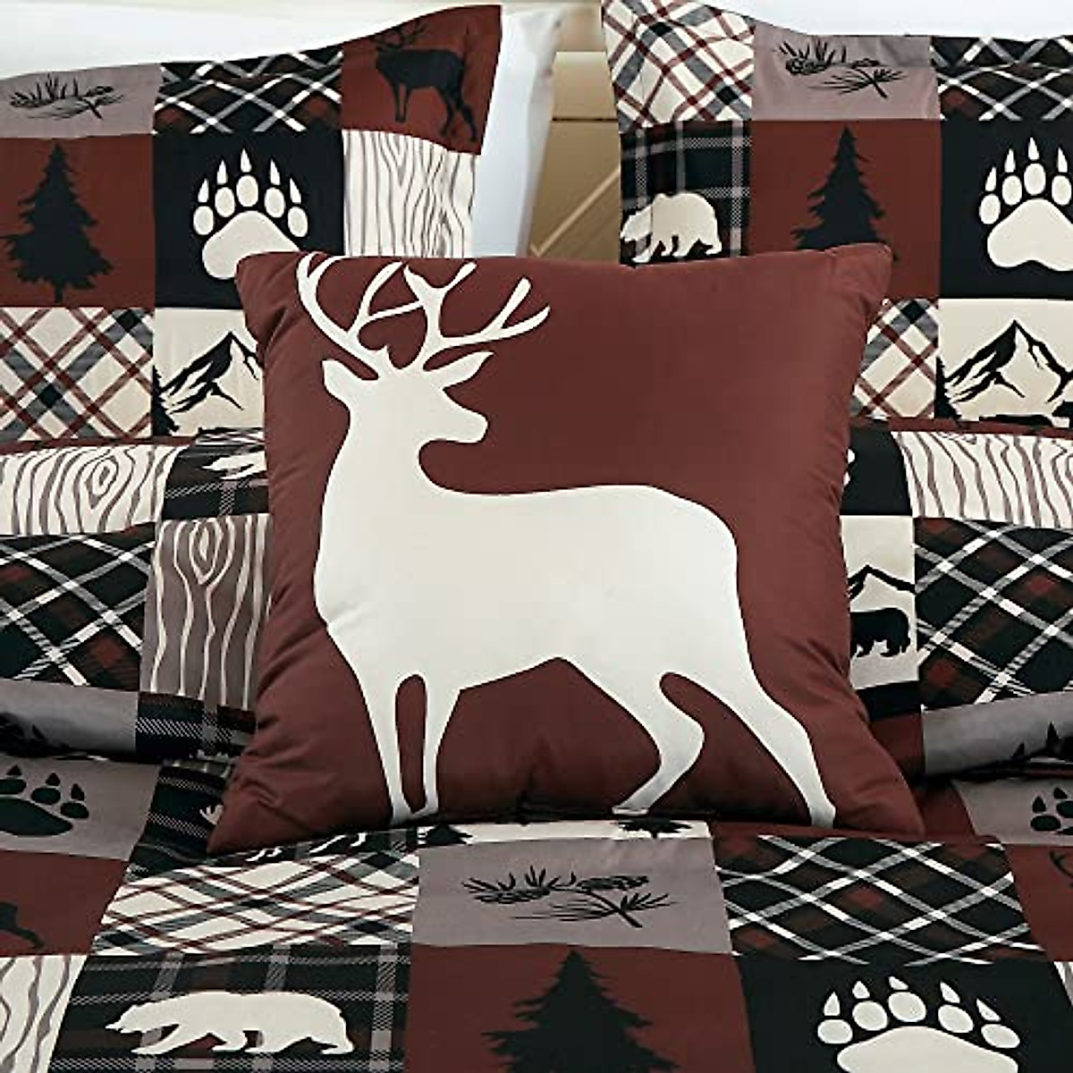 Chezmoi Collection Vista 7-Piece Southwestern Cabin Lodge Comforter Set - Red White Black Gray Grizzly Bear Pinecone Tree Moose Printed Microfiber Bedding, California King