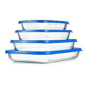 NutriChef 4 Sets Glass Bakeware - High Borosilicate Rectangular Glass Baking Dish w/Blue BPA-Free PE Lids, Freezer-to-Oven Home Kitchen Bake Casserole Food Storage Stackable Tray Pan, Dishwasher Safe