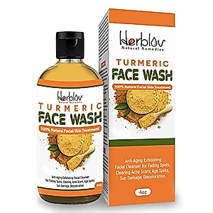 Herblov Turmeric Face Wash, 4oz Turmeric Clear Skin Liquid Soap – 100% Natural Anti Aging Exfoliating Turmeric Facial Cleanser for Spots, Clearing Acne Scars, Age Spots, Sun Damage, Discoloration – Turmeric Soap Skin Detox Made in USA