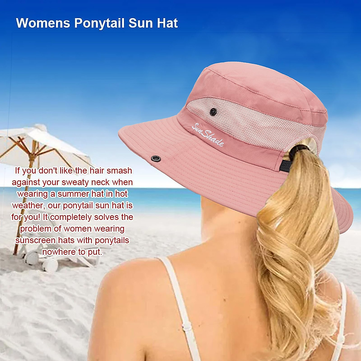 Womens Summer Sun Hat Beach Hat Wide Brim Outdoor UV Protection Hat Packable Mesh Bucket Hat with Ponytail Hole