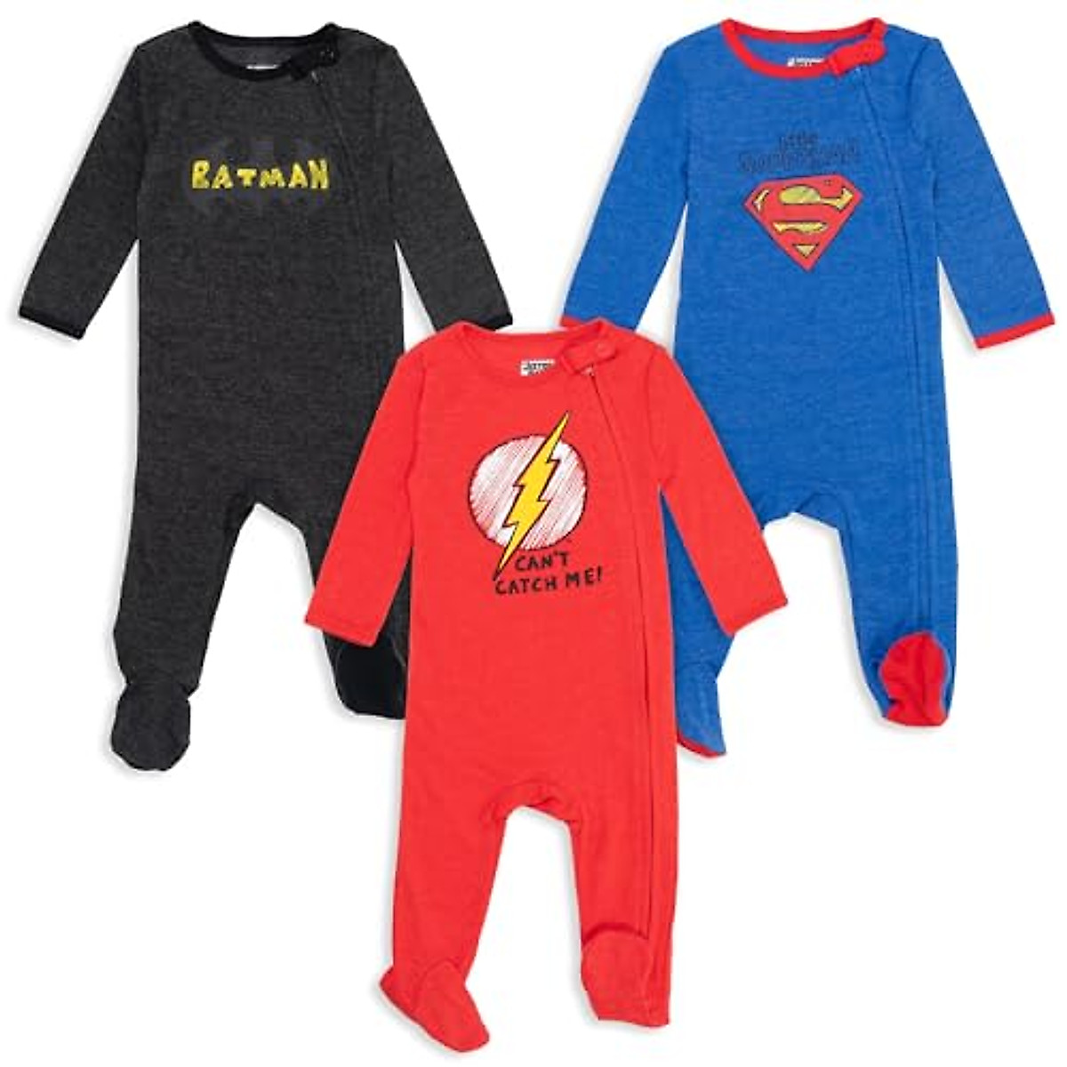 DC Comics Justice League Batman Superman The Flash Newborn Baby Boys 3 Pack Zip Up Sleep N' Plays 6-9 Months