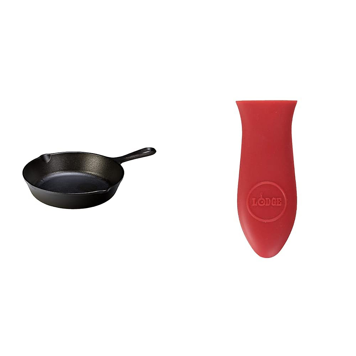 Lodge L5SK3 Pre-Seasoned Cast-Iron 8-Inch Skillet & ASHHM41 Mini Silicone Hot Handle Holder, Red