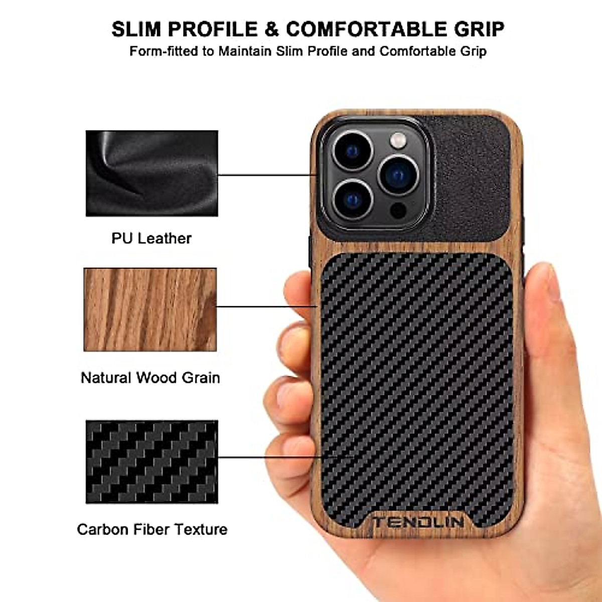 TENDLIN Compatible with iPhone 14 Pro Case Wood Grain with Carbon Fiber Texture Design Leather Hybrid Slim Case Black