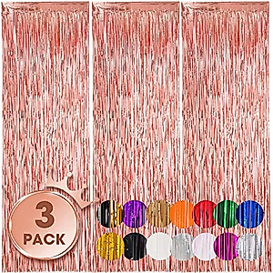 Voircoloria 3 Pack 3.3x8.2 Feet Rose Gold Foil Fringe Backdrop Curtains, Tinsel Streamers Birthday Party Decorations, Fringe Backdrop for Graduation, Baby Shower, Gender Reveal, Disco Party