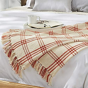 DII Modern Farmhouse Plaid Collection Cotton Fringe Throw Blanket, 50x60, White/Vintage Red
