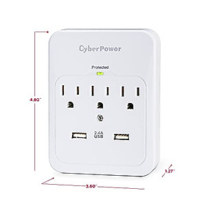 CyberPower CSP300WUR1 Professional Surge Protector, 600J/125V, 3 Outlets, 2 USB Charge Ports (2.1 Amps Shared) Wall Tap Plug