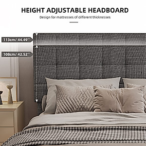MegaChunk Queen Size Upholstered Platform Bed, Linen Grey Bed Frame with Lights, Square Stitched Adjustable Headboard, Strong Wooden Slats, No Box Spring Required