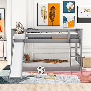 Harper & Bright Designs Low Bunk Bed for Kids, Solid Wood Twin Over Twin Floor Bunk Bed with Slide and Angle Ladders, Twin Bunk Bed for Kids Toddlers Teens (New, Gray)