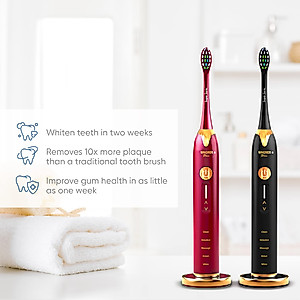Wagner Stern. Duette Series. 2 Electric toothbrushes with Pressure Sensor. 5 Brushing Modes and 4 Intensity Levels, 10 Dupont Bristles, 2 Premium Travel Cases. (Burgundy/Black)