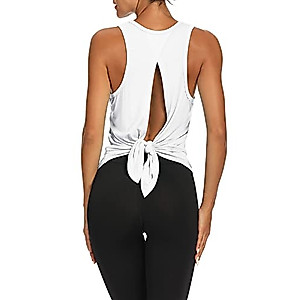 Bestisun Women's Yoga Workout Tank - Tie Back Athletic Gym Top, Activewear Muscle Shirt - White, Small