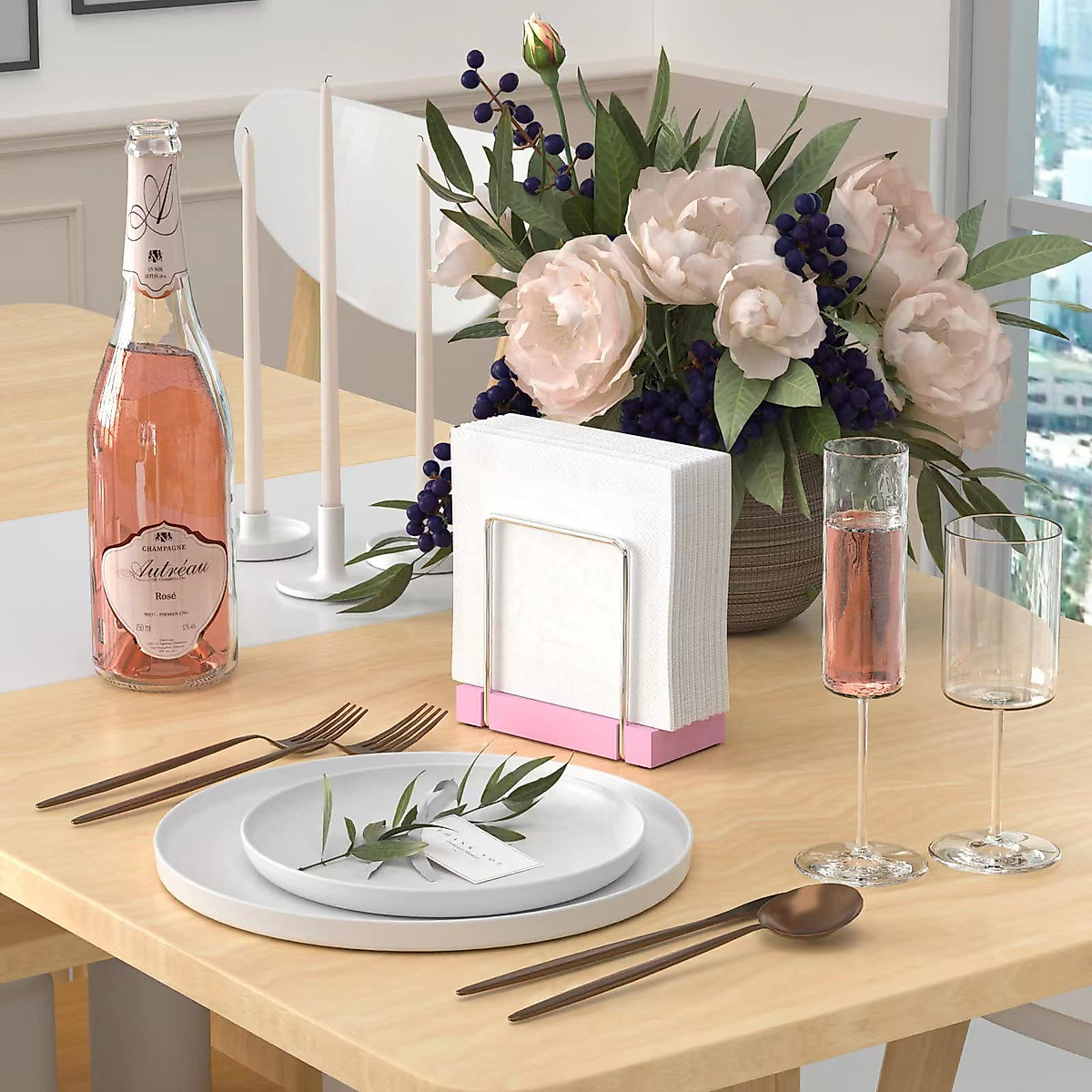 Napkin Holder for Table, Pink Kitchen Accessories Appliances for Table Farmhouse Cocktail Picnic Rustic Bamboo Iron Wood Holders for All Dining Room Decor Silvery & Pink