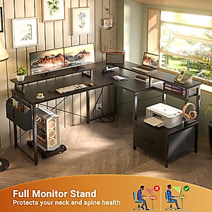 Unikito L Shaped Desk with File Drawer, Reversible L Shaped Computer Desk with Power Outlet & LED Lights, Home Office Desk Corner Desk with Monitor Shelf and Printer Cabinet, Gaming Desk, Black