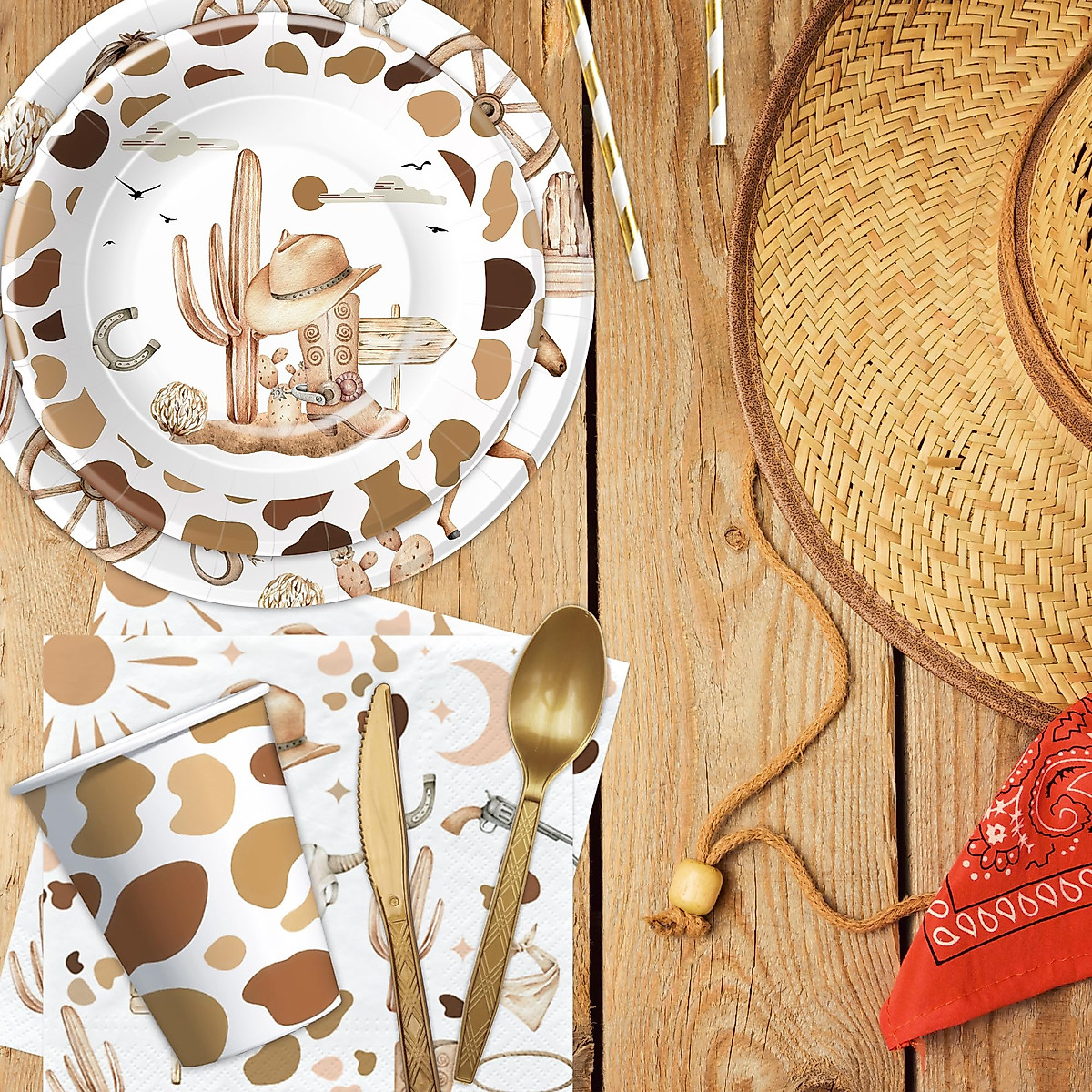 APOWBLS Western Cowboy Party Decorations Dinnerware - Wild West Party Supplies, Paper Plate, Cup, Napkin, Fork, Western Cowboy Rodeo Theme Birthday Baby Shower Decorations Tableware | Serve 24 Guests