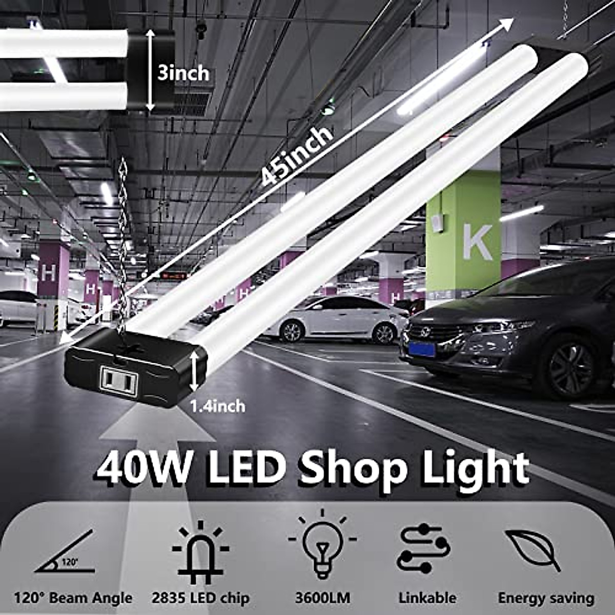 loyal 4FT 40W Linkable LED Shop Light for Garage, 6500K/3000K/4000K Linkable Utility Light Fixture, LED Workbench Light with Plug Hanging, LED Ceiling Lights for Garage, Workshop, Basement