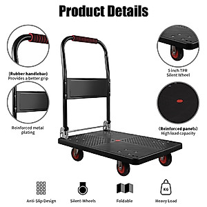 FRYPLS Folding Platform Truck Cart,36''×24'' 1420LBS Foldable Hand Push Flated Dolly Moving Cart with 360° 5'' TPR Rotatable Silent Strong Wheels for Warehouse, Supermarket, Agricultural Transportatio