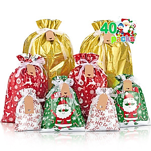 Tiblue Christmas Drawstring Gift Bags - 40 PCS Xmas Gift Bags with Tags Holiday Gift Bags Assorted Sizes for Christmas Decorations Small Medium Large Bags Santa Wrapping Bag for Treat, Goodies, Party