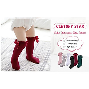 Century Star Baby Girls Bow Knee High Socks Toddlers Ruffled Tube Socks Infant School Uniform Leggings Long Stockings 05Pcs White&Black&Pink&Grey&Red 6-18 Months