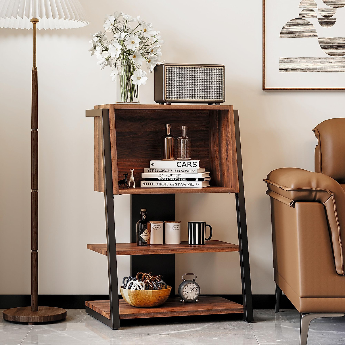 Fenge Bookshelf, 4 Tier Industrial Bookcase, Ladder Book Shelf with Storage Organizer, Small Bookshelves and bookcases for Office, Bedroom, Living Room