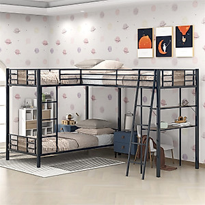 Metal Triple Bunk Bed for Kids Twin Over Twin L-Shape Bunk Bed Attached a Loft Bed with Desk & Shelves 3 Bunked Beds for for Dorm, Boys Girls Teens Kids, Brown