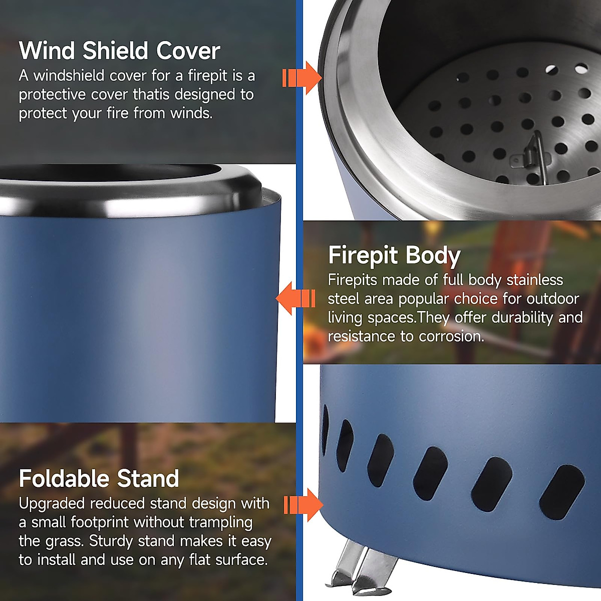 AVKENOEDY Tabletop Fire Pit with Stand, 9.8" H x 8.6" D Smokeless Portable Mini Fire pit for Indoor & Outdoor, Fueled by Pellets/Wood, Safe Burning, Stainless Steel, with Travel Bag, 3.2lbs, Navy Blue