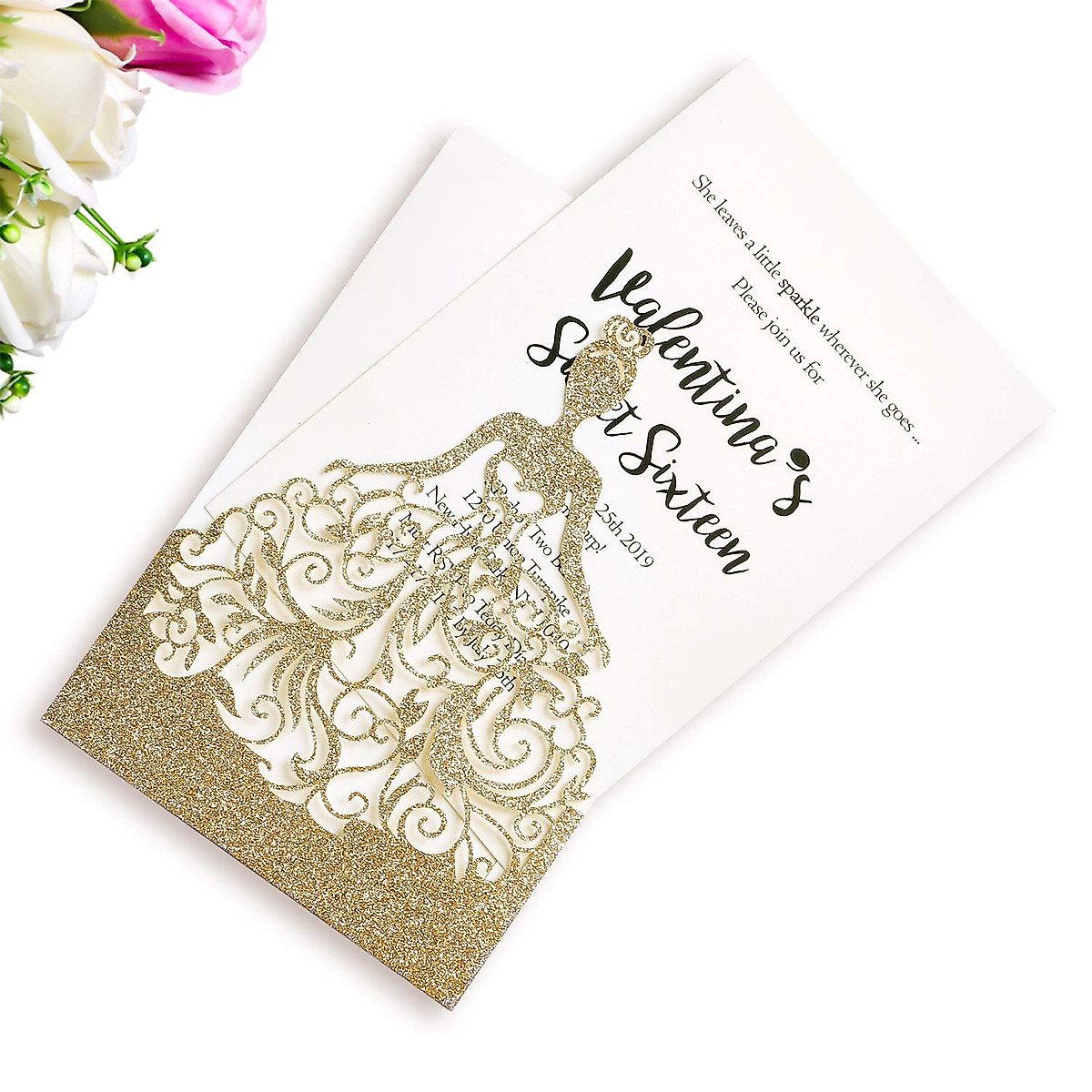 ponatia 25PCS Crown Gold Glitter Quinceanera Invitations, Laser Cut Invitations Cards With Envelopes, Printable Inner Sheets For Birthday, Baby Shower, Quinceañera Party Invite, XV Años, Quince