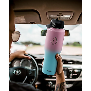 BUZIO Stainless Steel Water Bottle Vacuum Insulated (Cold for 48 Hrs, Hot for 24 Hrs),32oz Tumbler Travel Flask with Straw Lid and Flex Cap, Fit in Any Car Cup Holder,Bubble Gum