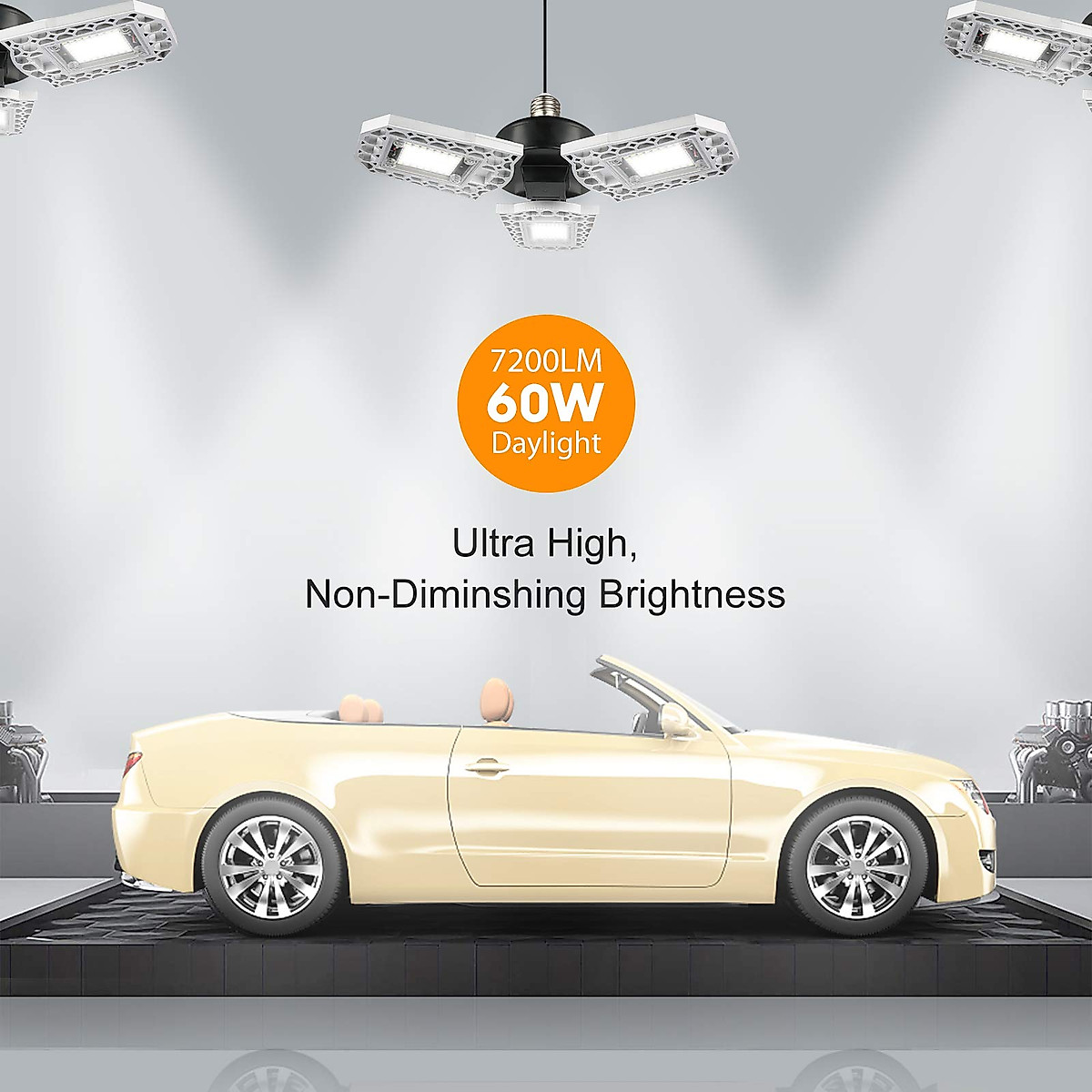 Vanja LED Garage Ceiling Light, 60W LED Deformable Light with 3 Adjustable Panels, 7200 LM E26/E27 Shop Light for Garage, Warehouse, Barn, Workshop(No Sensor)