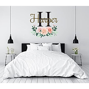 CuteDecals Flowers Custom Name & Initial Wall Decal - Personalized Peonies Art Decor Mural Girls Stickers For Nursery Bedroom Decoration (Mini Wide 15''x13'' Height)