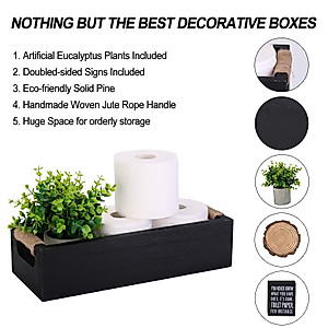 Veichin Bathroom Decor Box Back of Toilet Paper Storage Basket Organizer with Funny Double-Sided Box Sign And Artificial Flower, Set of 3 Wood Tank Tray