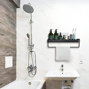 Fippkargo Bathroom Shelf with Towel Bar, Wall Mounted Shower Storage Organizer Holder Rack, Floating Shelf for Bathroom,Kitchen,Toilet 15.7" (Black)