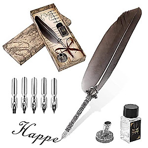 Greensen Feather Quill Pen, Calligraphy Feather Dip Pen Set Retro Fountain Pen Kit Vintage Stationery Box with 1 Ink Bottle 5 Nibs 1 Nib Base for Handwriting Birthday Gift (Ink Not Included)