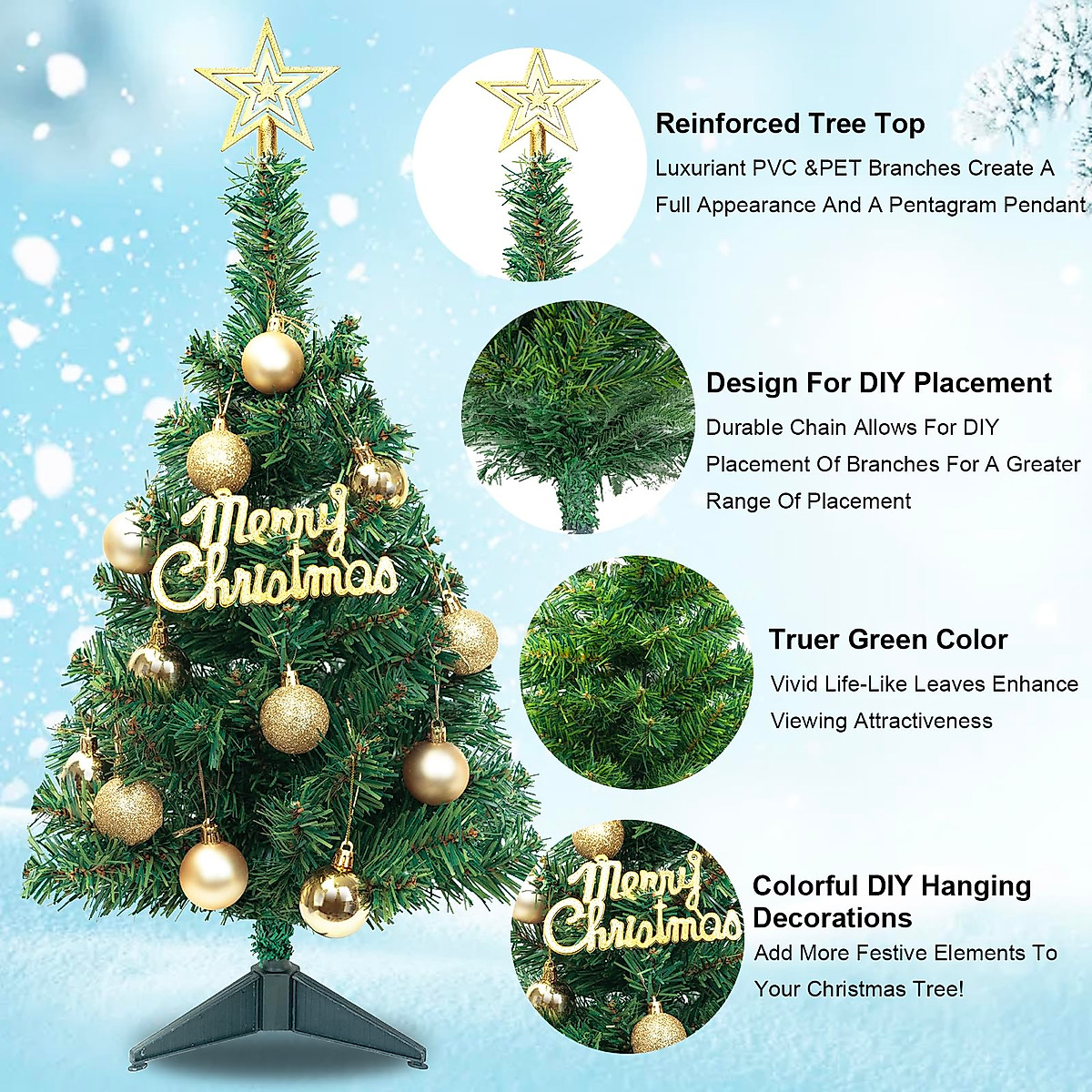 DUUDO Mini Christmas Tree,Small Christmas Tree with Star Hanging Ornaments Artificial Xmas Tree for Home,Office,Tabletop,Indoor Holiday Great DIY Christmas Decorations 25.6Inch