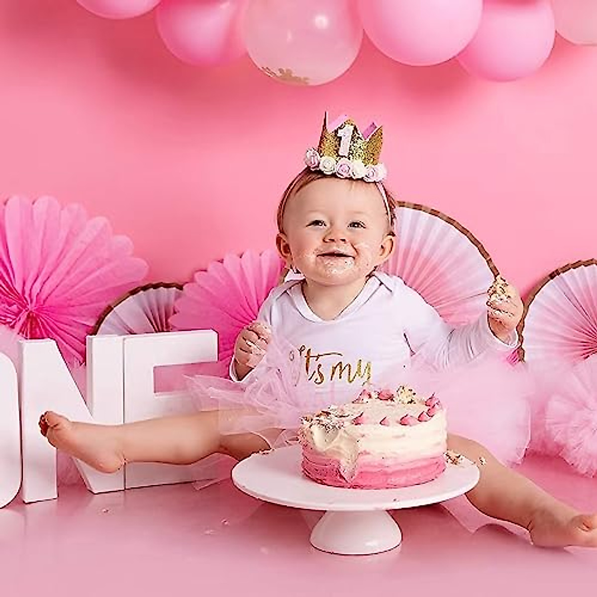 Haomaomao Baby Birthday Crown, Girls Party Hat Princess Gold Flower Tiara Photo Props Decorations Birthday Gifts (1st Birthday Crown)