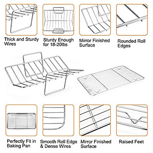 TeamFar Roasting Pan, 15 Inch Large Turkey Roaster Lasagna Pan with V Rack & Cooling Rack Set Stainless Steel For Thanksgiving Christmas, Healthy & Heavy Duty, Deep Side & Dishwasher Safe - 3 PCS