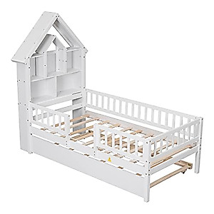 FIQHOME Twin Size Platform Bed for Kids, Twin Size Kids Bed Frame with House-Shaped Headboard, Wooden Twin Bed with Trundle and Fence Guardrails,Solid Wood House Bed for Girls Boys,White