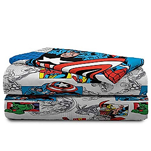 Jay Franco Marvel Comics Full Sheet Set-Features Captain America, Hulk, Iron Man, Spiderman, and Thor, Good Guys Blue