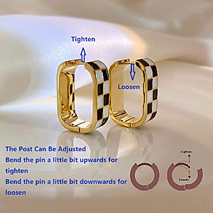 Fashion Checker Chunky Oval Hoop Earrings for Women Dainty 925 Sterling Silver Post 14K Gold Plated Huggie Hoops White Black Enamel Minimalist Hooped Hypoallergenic Gift Her Christmas