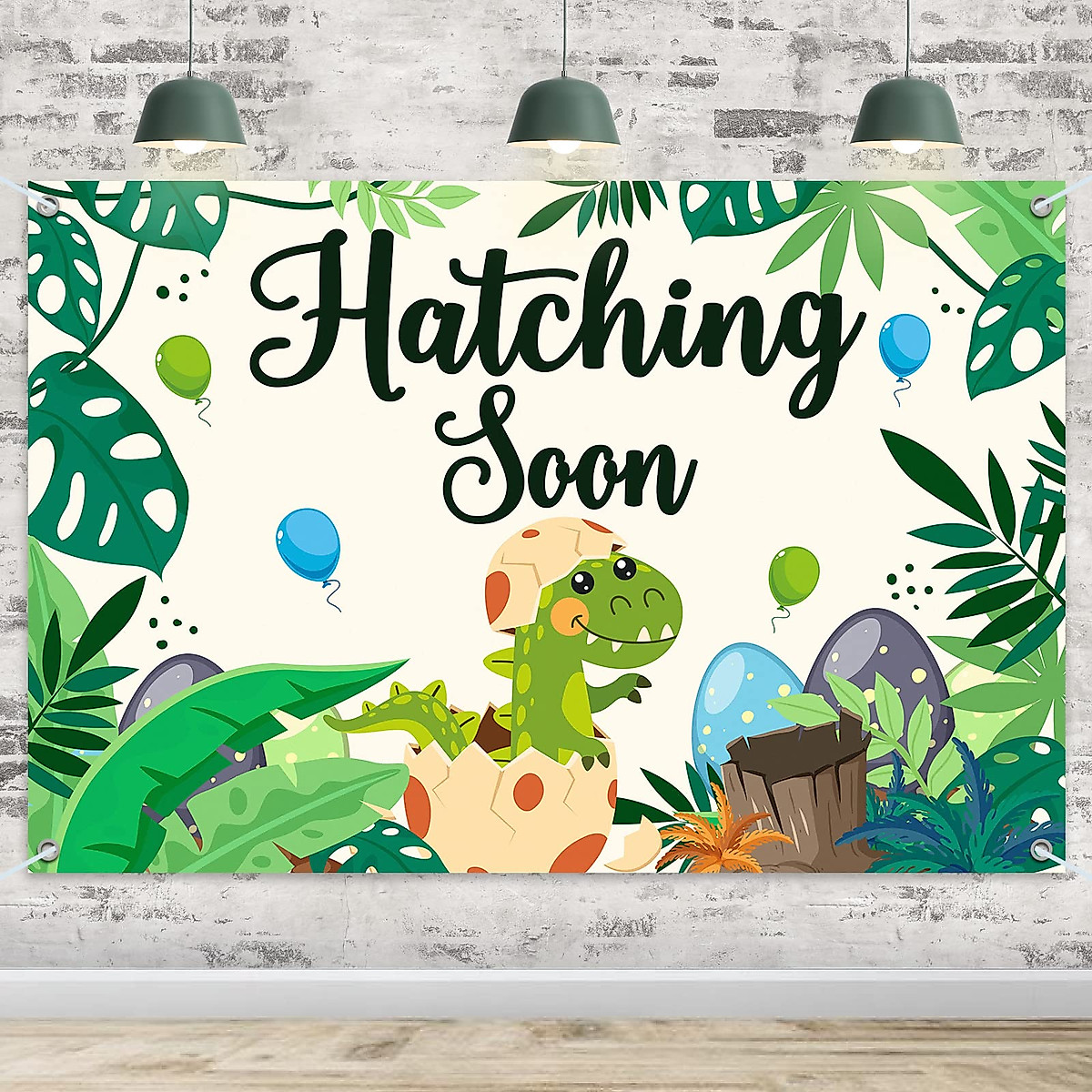 Hatching Soon Backdrop Banner Decor Green - Dinosaur Baby Shower Party Theme Decorations for Welcome Baby Gender Reveal Supplies