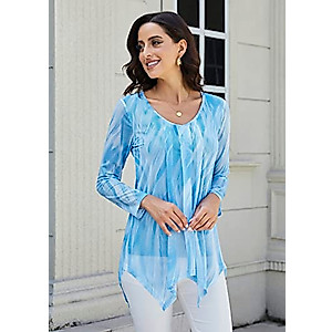 Bulotus Tunic Tops to Wear with Leggings, Fall Blouses for Women V Neck Mesh Chiffon Shirts Long Sleeve Tunic Shirts for Women Loose Fit Asymmetrical hem Polyester Blouses for Women Work, Blue, Medium