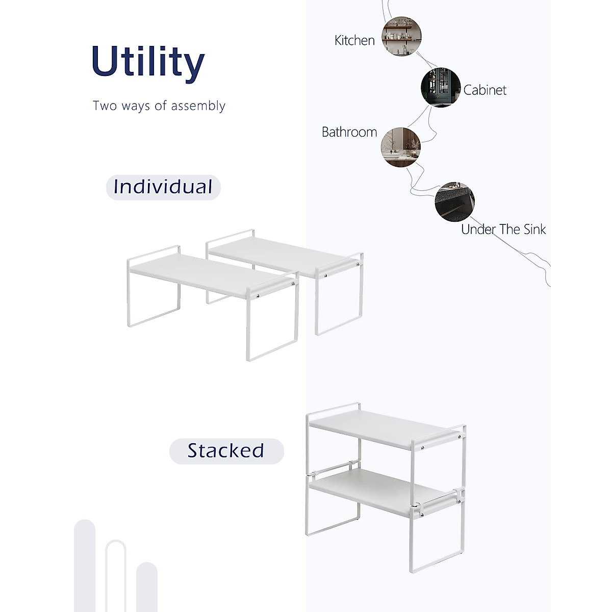 Nxconsu 2Pack Cabinet Shelves Stackable Shelf Organizer Rack Riser for Kitchen Cabinet Pantry Cupboard Counter Countertop Home Organization Storage Space Saver Heavy Duty Metal Nonslip White