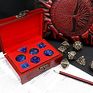 Haxtec Mystery DND Dice Set with Wood Dice Case Dual-Purpose Wooden Dice Box with Foam Insert DND Gifts D&D RPG Dice Set with Box