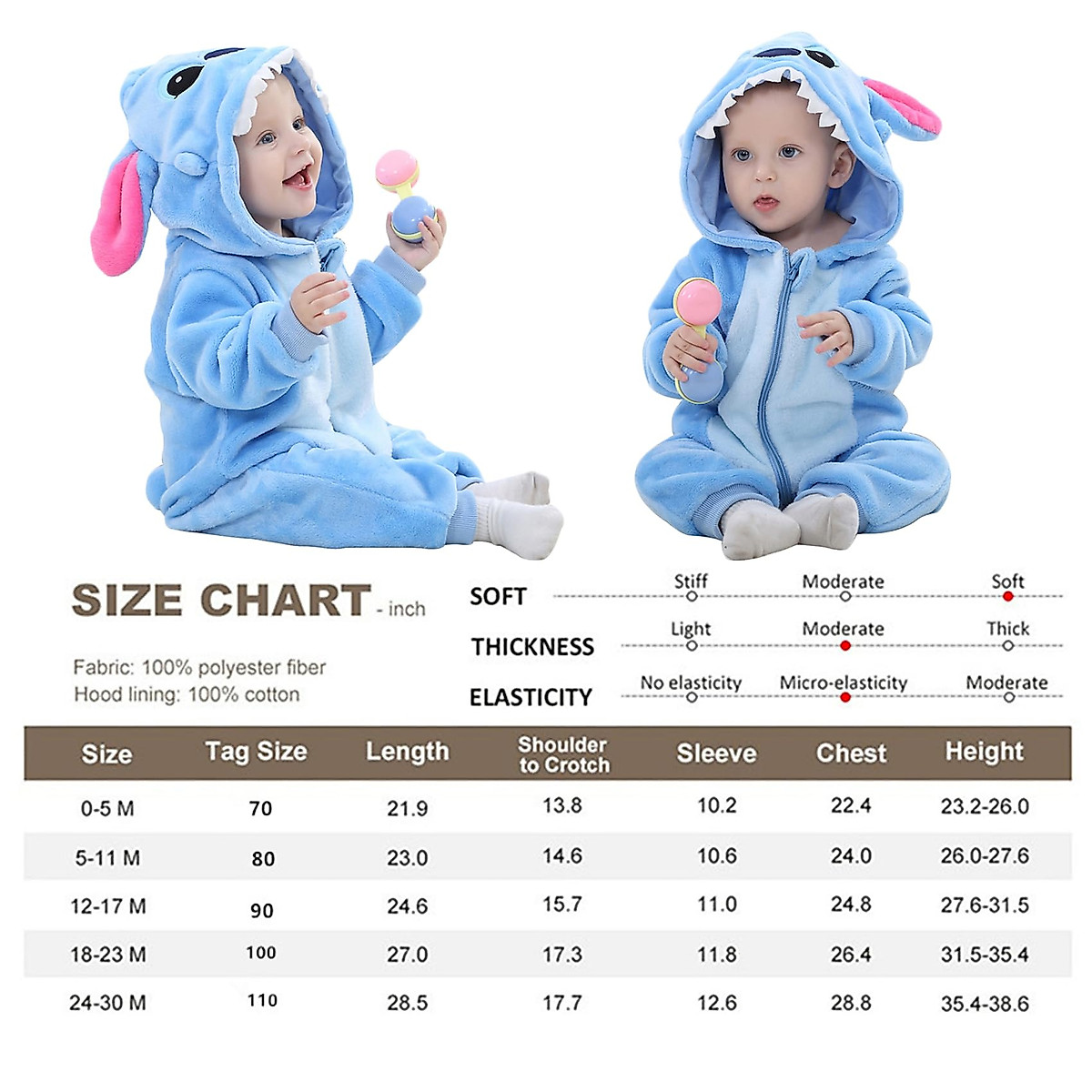 MUST ROSE SPORTS AND HOMEWEAR Unisex Baby Flannel Romper Animal Onesie Costume Hooded Cartoon Outfit Suit (Blue, 70(0-5M)