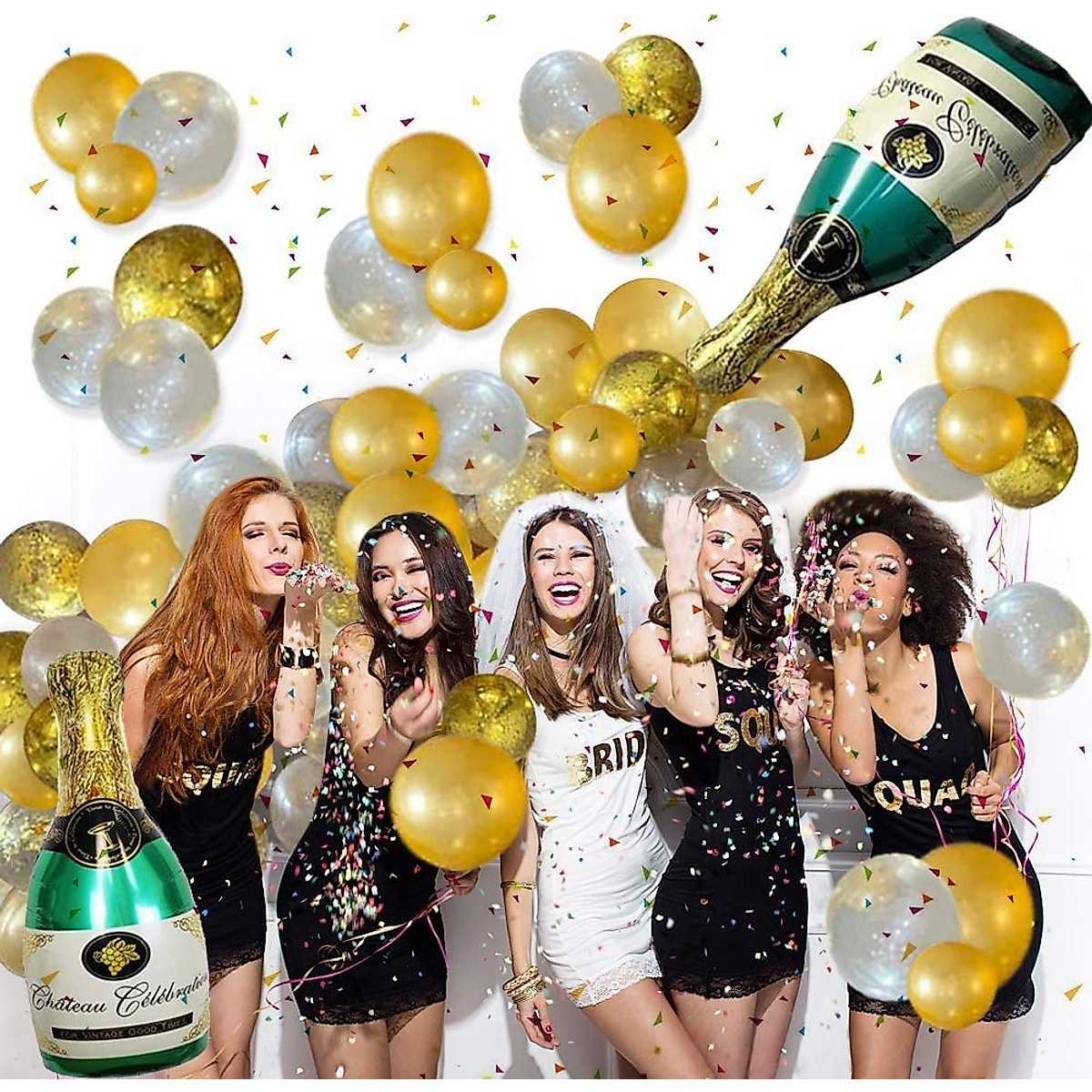 96Pcs Champagne Balloon Arch Garland Kit - 40 Inch Giant Champagne Balloon and Gold Confetti balloon Clear Silver Balloons for New Year Party Wedding Birthday Graduation Anniversary Bachelorette Decor