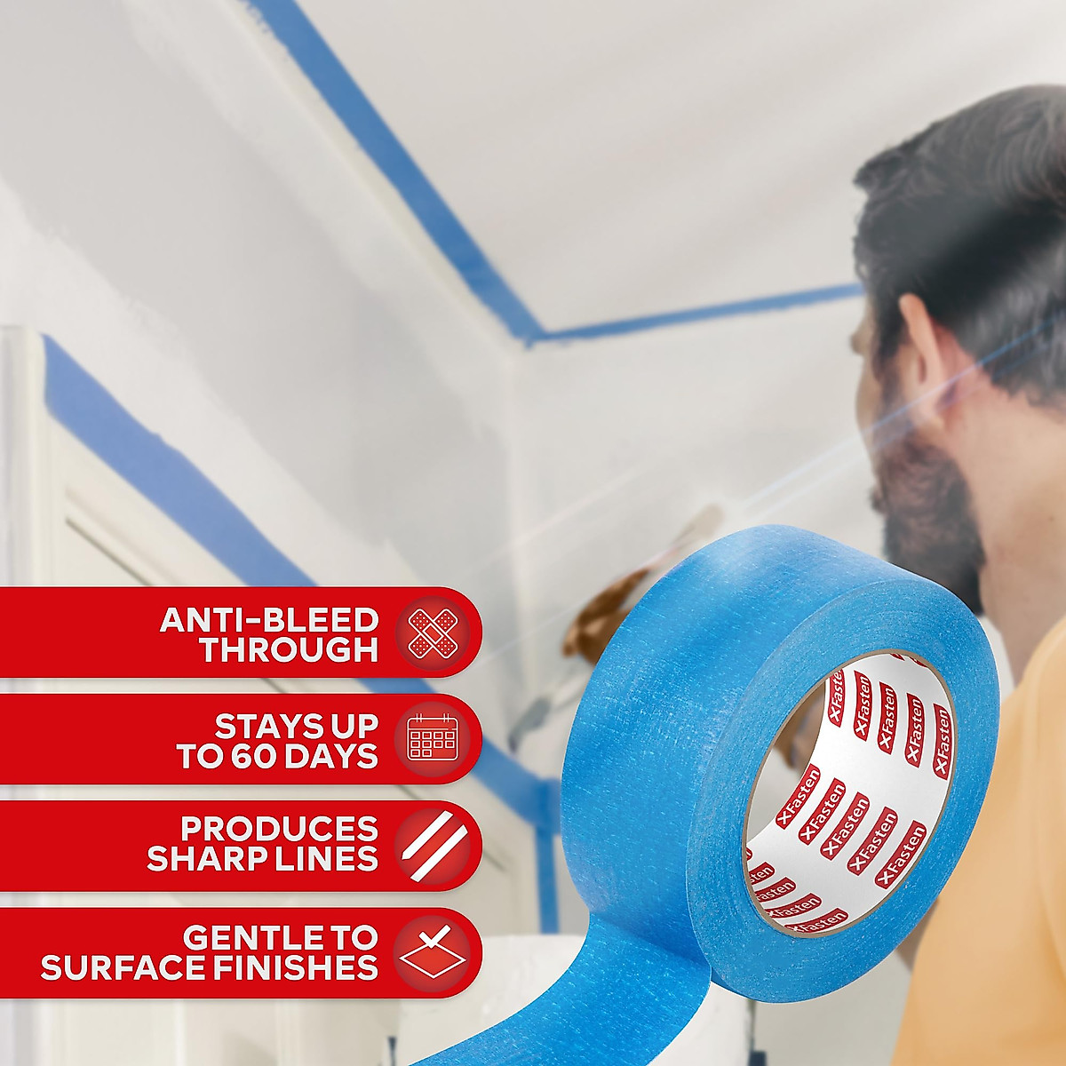 XFasten Blue Painters Tape Bulk 12-Pack 1 Inch x 60-Yards 2160ft Total, Wall Safe Blue Masking Tape 1 Inch Wide, Blue Paint Tape for Walls Paint Masking Tape Blue Tape Painters Masking Tape