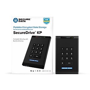 SecureData SecureDrive KP 5TB Hardware Encrypted USB 3.0 External Drive FIPS 140-2 Level 3 Unlock via Keypad TAA Compliant, CJIS, HIPAA, CMMC, GDPR Compliant, Works with Mac and Win Free AV