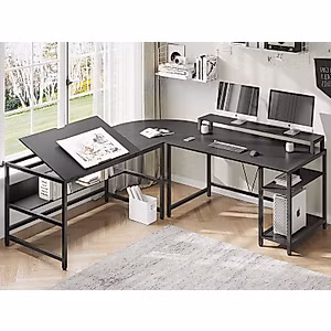 SEDETA L Shaped Computer Desk with Hutch, Drafting Drawing Table for Artists, 68.9 inches Corner Computer Desk for Home Office, Workstation Table with Monitor Stand Riser and Tiltable Desktop, Black