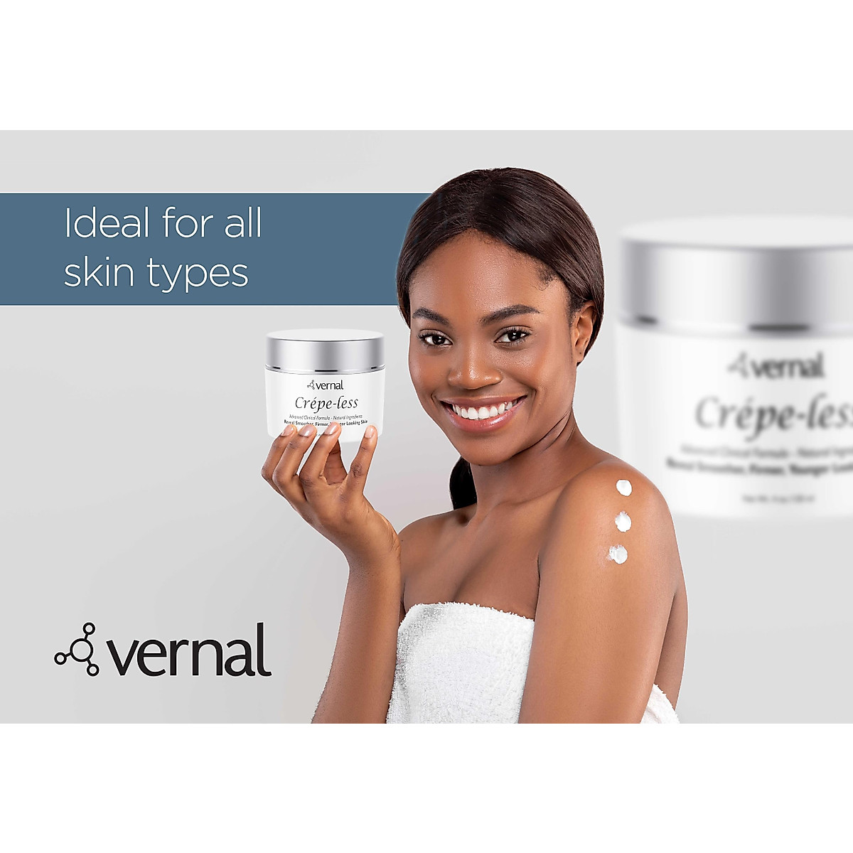 Vernal Crepe-less crepey skin firming cream to reduce crepey arms, neck & hands. Organic tightening cream to reduce thin wrinkled skin on arms, neck and body. Made in USA (4 Oz)