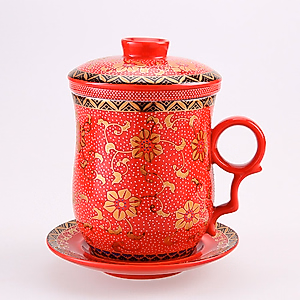 Ameolela Porcelain Tea Cup with Infuser Lid and Saucer Sets - Chinese Jingdezhen Ceramics Coffee Mug Teacup Loose Leaf Tea Brewing System for Home Office