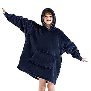 Touchat Wearable Blanket Hoodie, Oversized Sherpa Blanket Sweatshirt with Hood Pocket and Sleeves, Super Soft Warm Plush Hooded Blanket for Kids, One Size Fits All (NavyBlue)