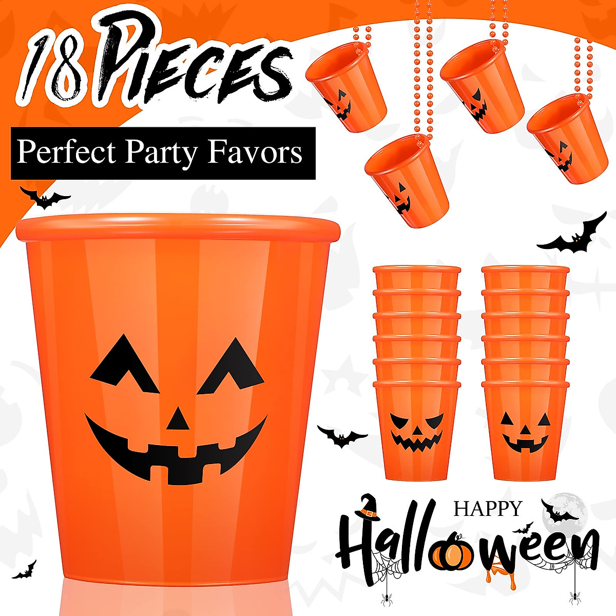 Geelin 24 Pieces Halloween Shot Glass Necklace Halloween Party Cups Necklace on Beaded Plastic Shot Necklace Cups for Halloween Party Decorations Supplies (Orange, Pumpkin)